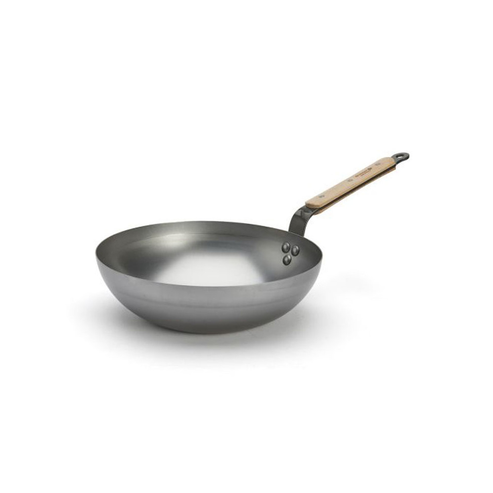 DE BUYER Mineral B Wood Domed Wok in Steel - 2 Sizes